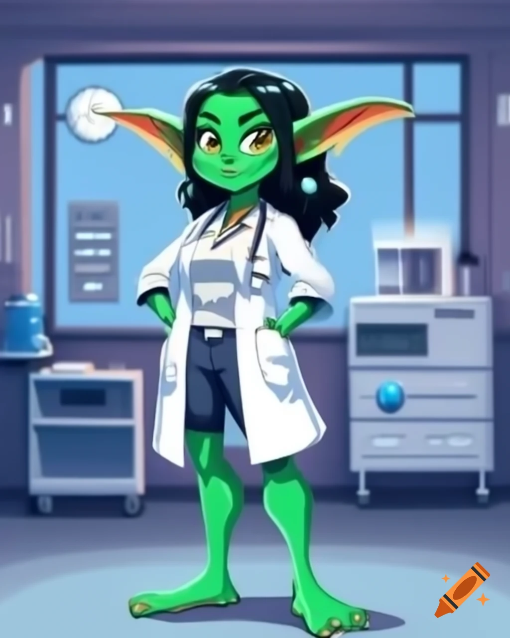 Green-skinned goblin girl in doctor's outfit striking a confident pose ...