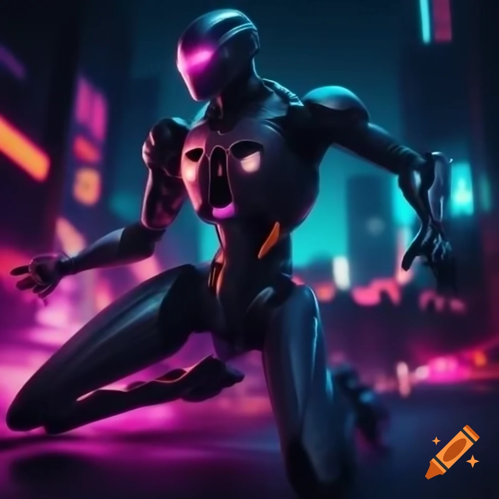 Midnight-black cyborg performing acrobatics in neon cityscape on Craiyon