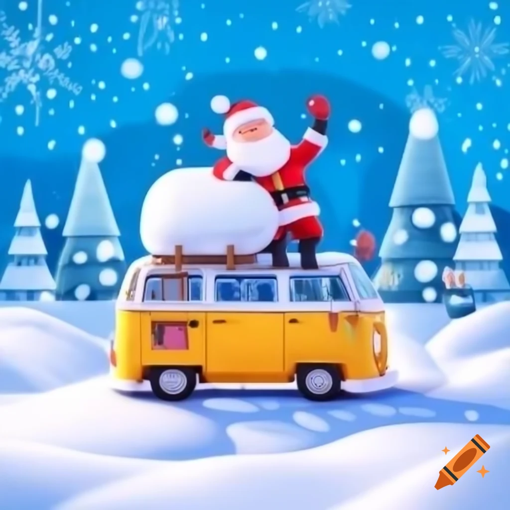 Cartoon santa claus on vw campervan in snow with snowman and christmas ...