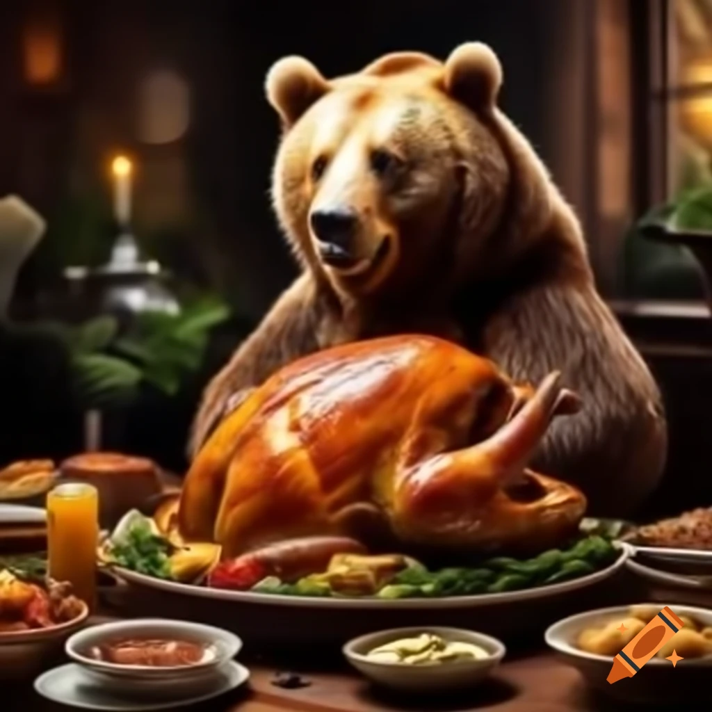 Brown bear enjoying Thanksgiving meal with roasted turkey on Craiyon