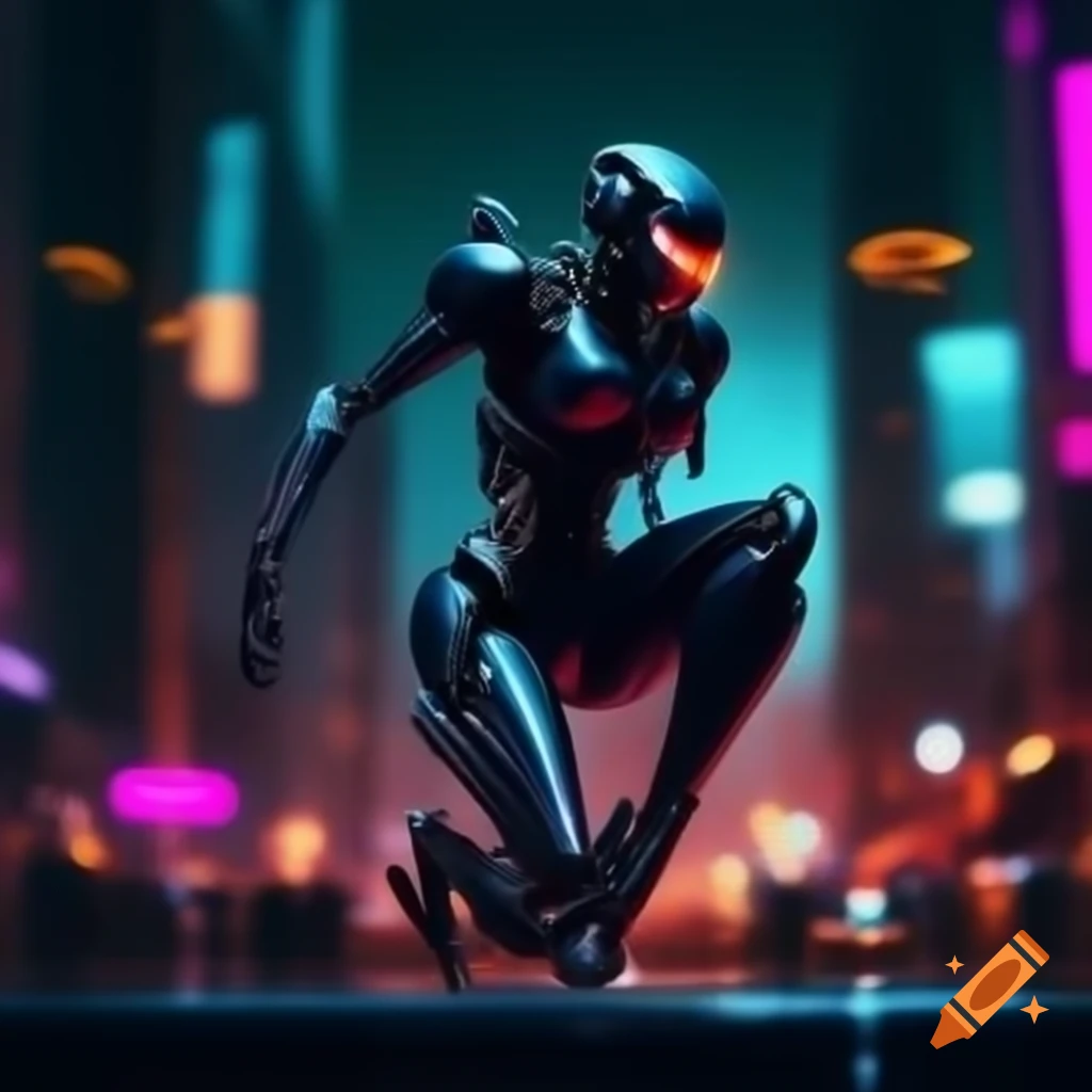 Midnight-black cyborg performing acrobatics in neon cityscape on Craiyon
