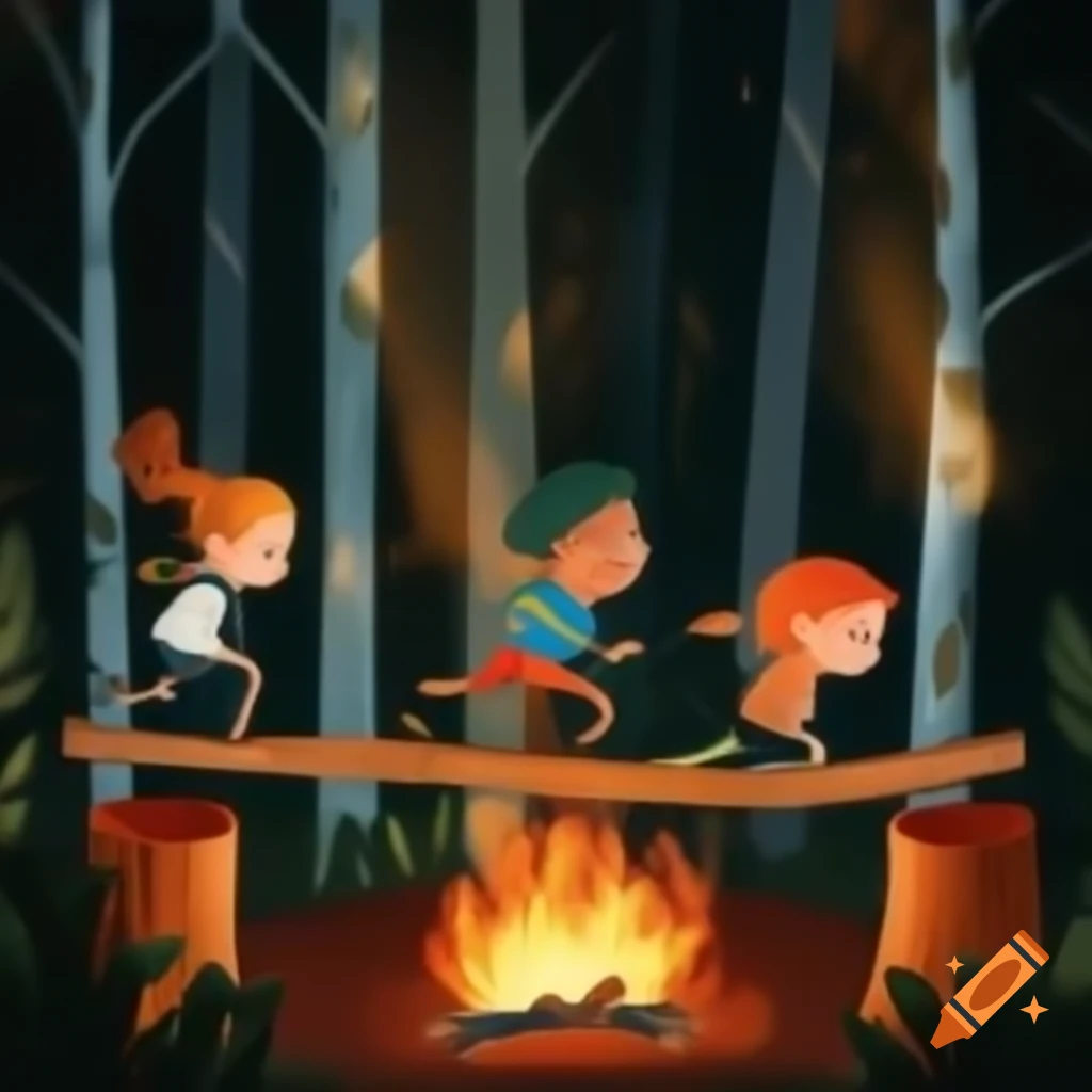 Children riding logs in the forest, enjoying a campfire on Craiyon