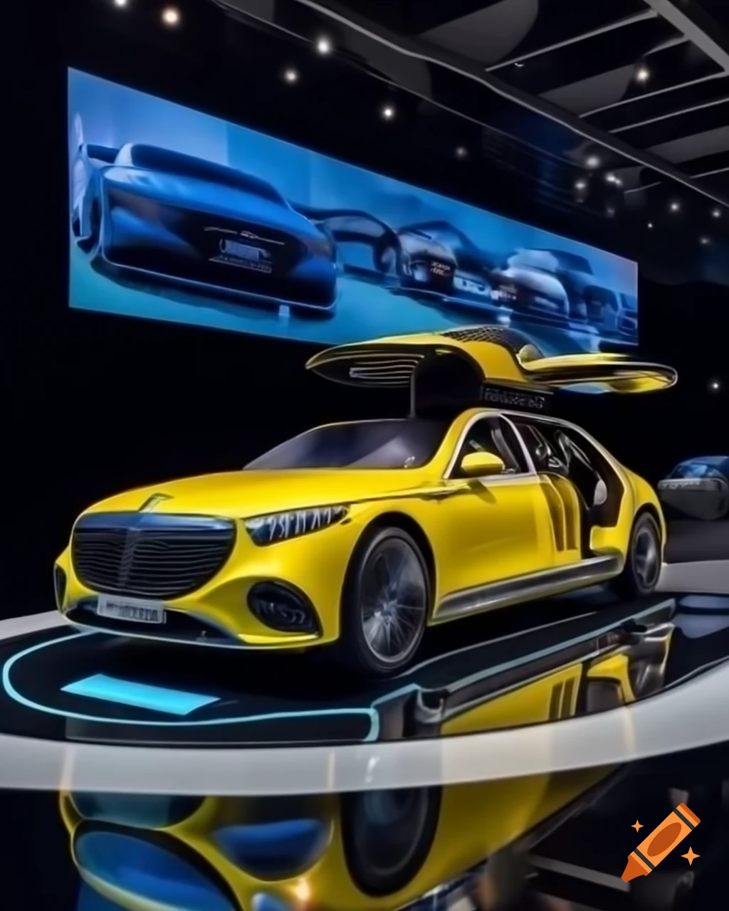 Futuristic Mercedes-Maybach S 680 in bright showroom with vibrant ...