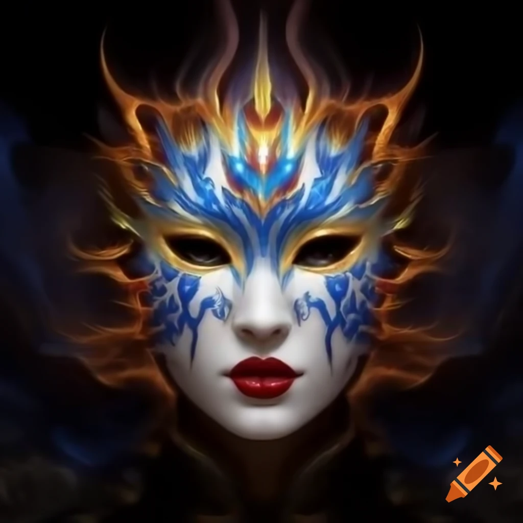 Abstract representation of a mask and heart engulfed in blue flames on ...