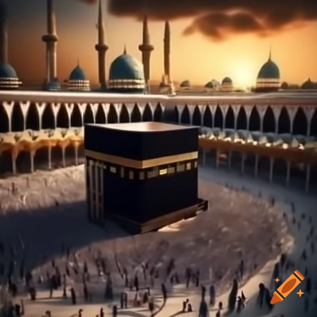 Sunset view of the sacred kaaba and grand mosque with golden aura on ...