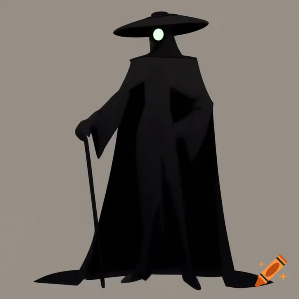 Mysterious cloaked figure with glowing eye and cane under wide-brimmed ...