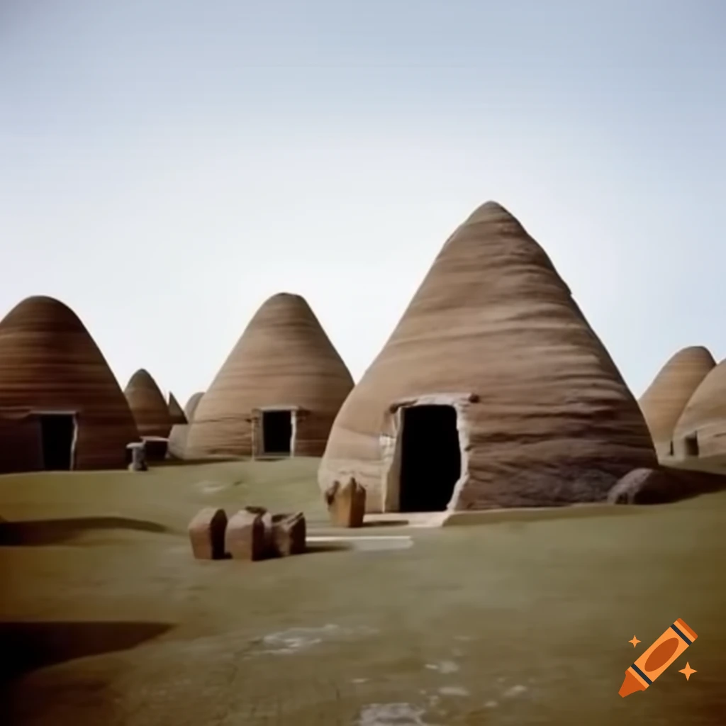 Bustling village of dome-shaped beehive huts featuring primitive ...