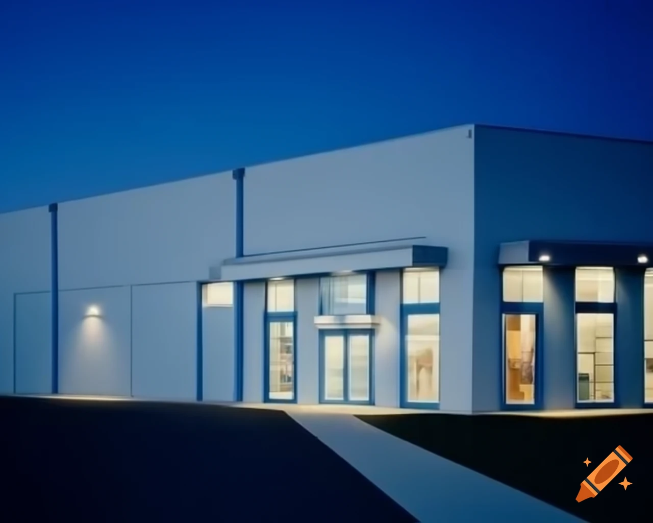 Front view of modern white warehouse with blue framed windows at dusk ...