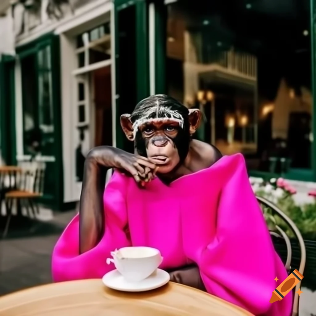 Charming chimpanzee fashion icon dressed in pink at outdoor café on Craiyon