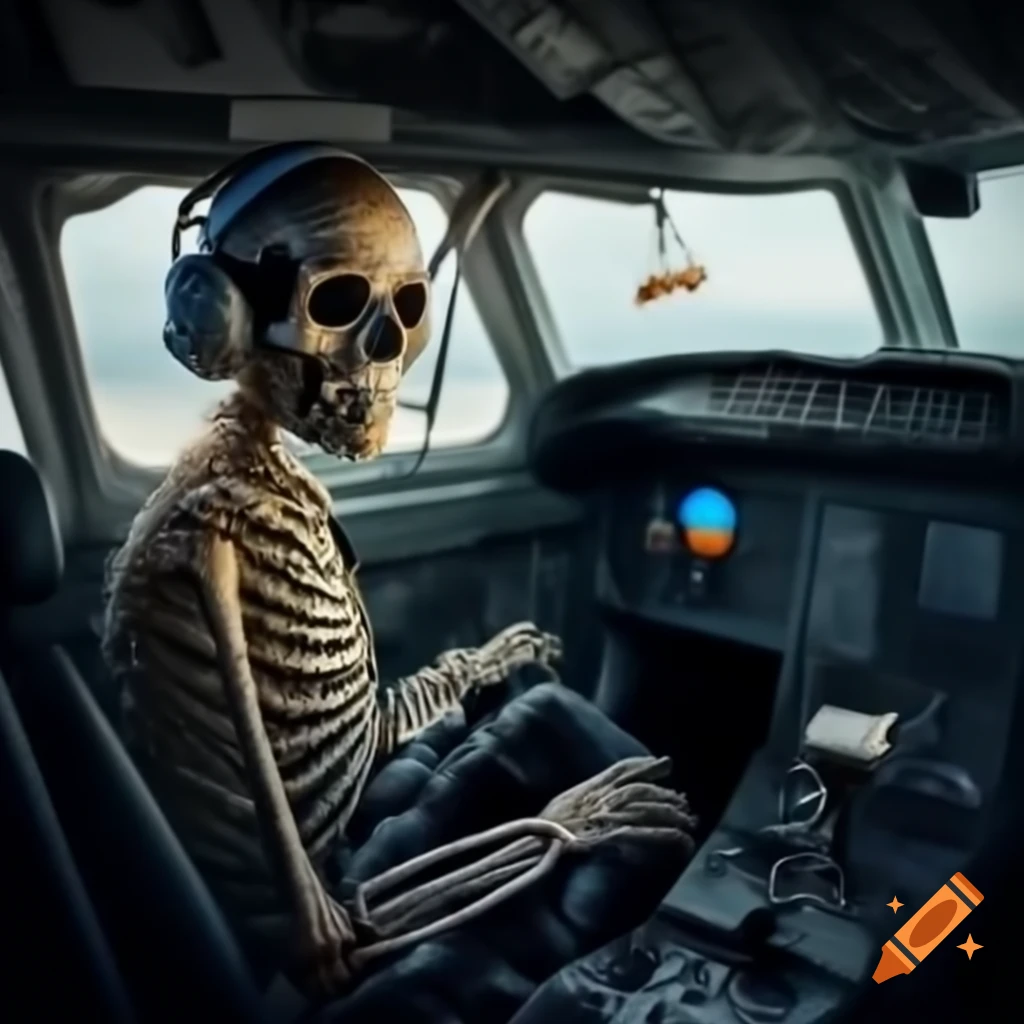Skeleton pilot in airplane cockpit on Craiyon