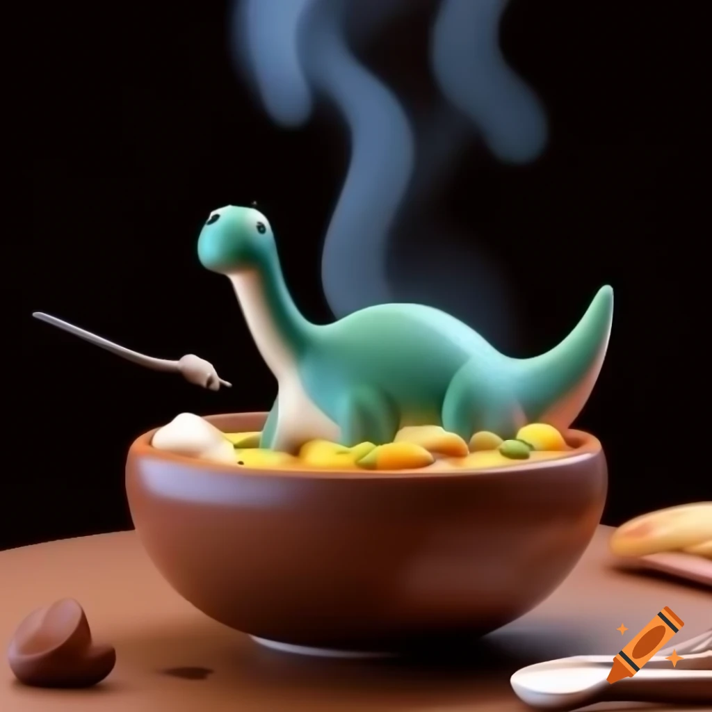 Anime-style Brontosaurus in a giant bowl of steaming soup on Craiyon