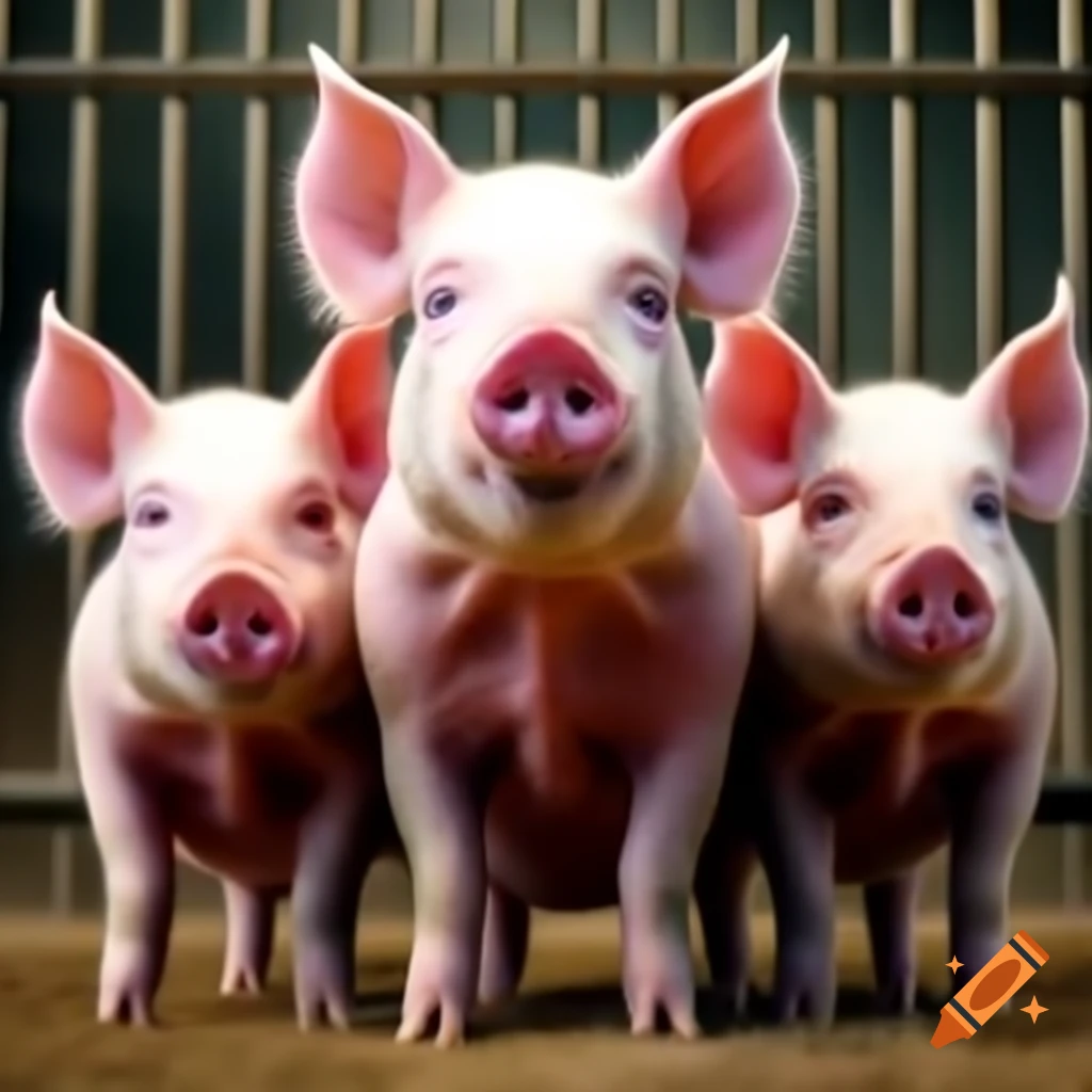 Three little pigs depicted in a whimsical jail scene on Craiyon