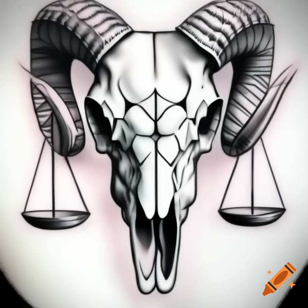 Fusion tattoo design of Aries skull with Libra scales in sketch outline ...