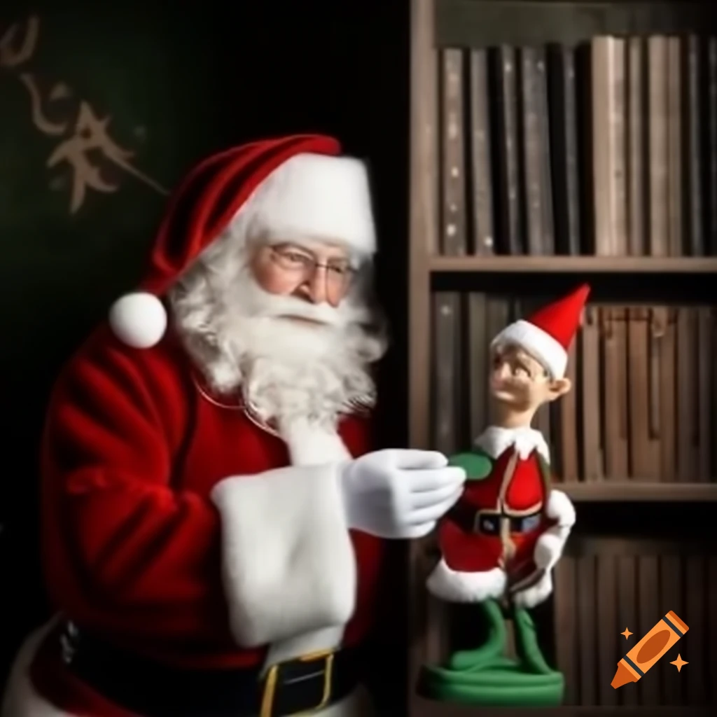 Santa Claus holding an elf on the shelf in a festive setting on Craiyon