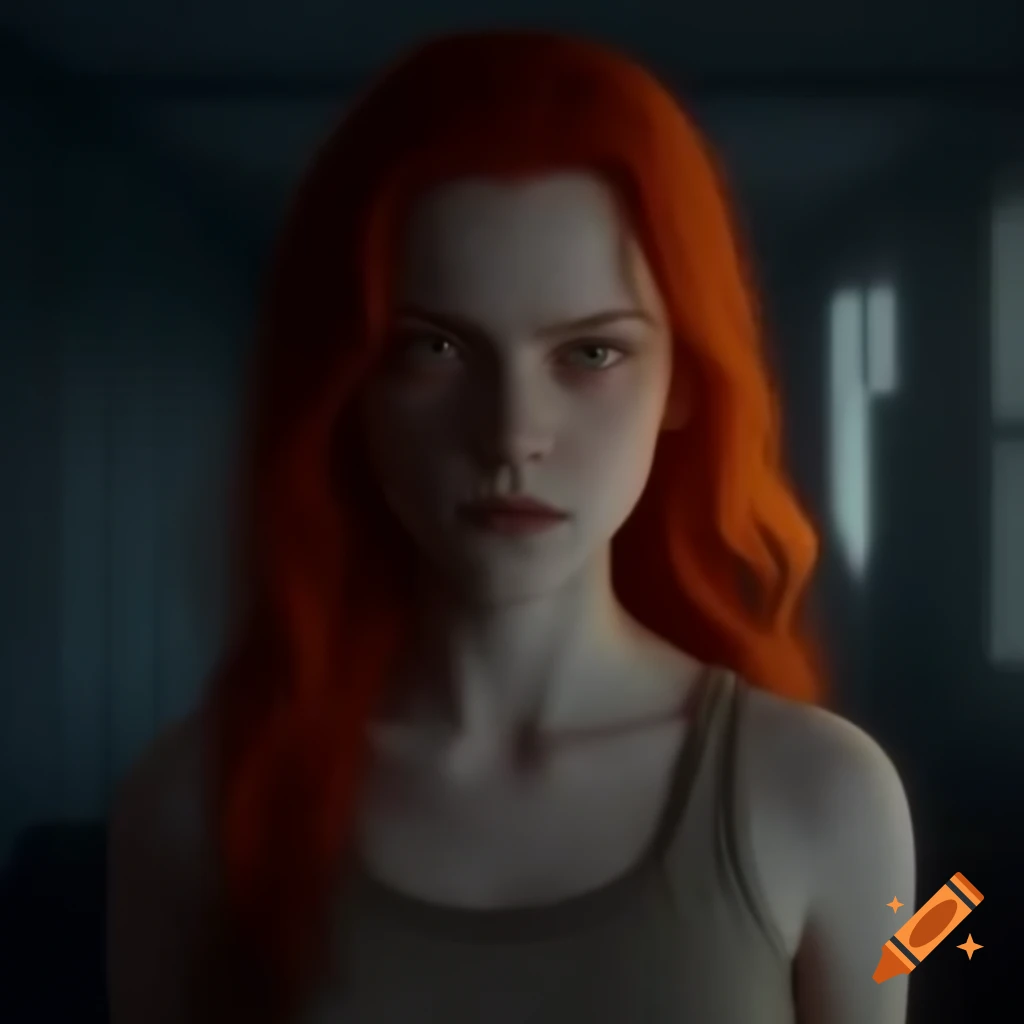 Young woman with red hair and grey eyes in dim room, intense expression ...