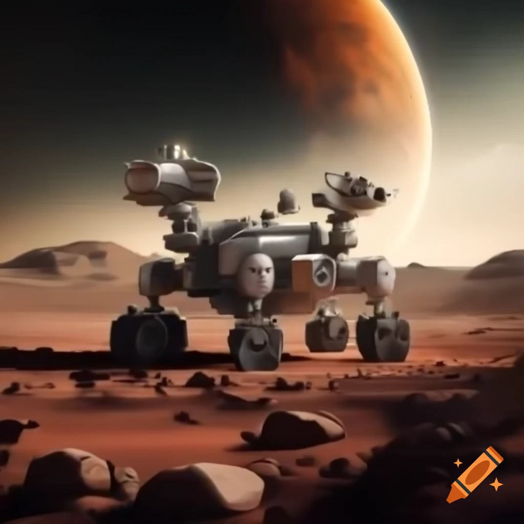 Mars Rover on red rocky terrain under dramatic sky on Craiyon