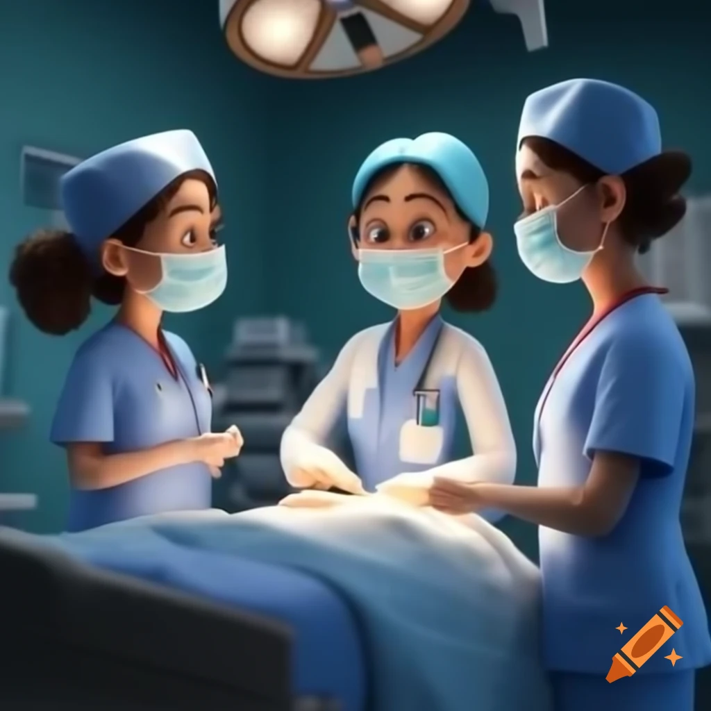 Animated scene of doctors and nurses performing surgery in an operating ...