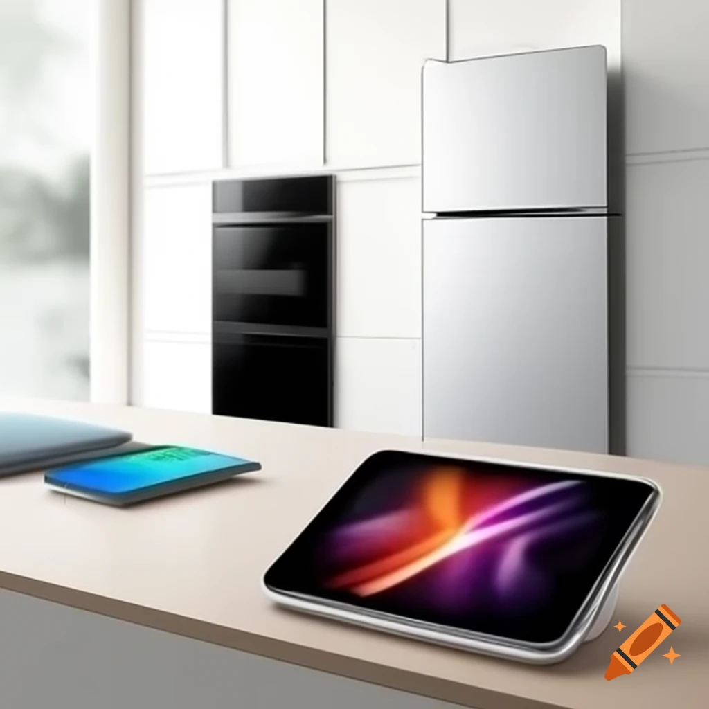 Modern kitchen featuring Apple devices with smart oven and fridge on ...