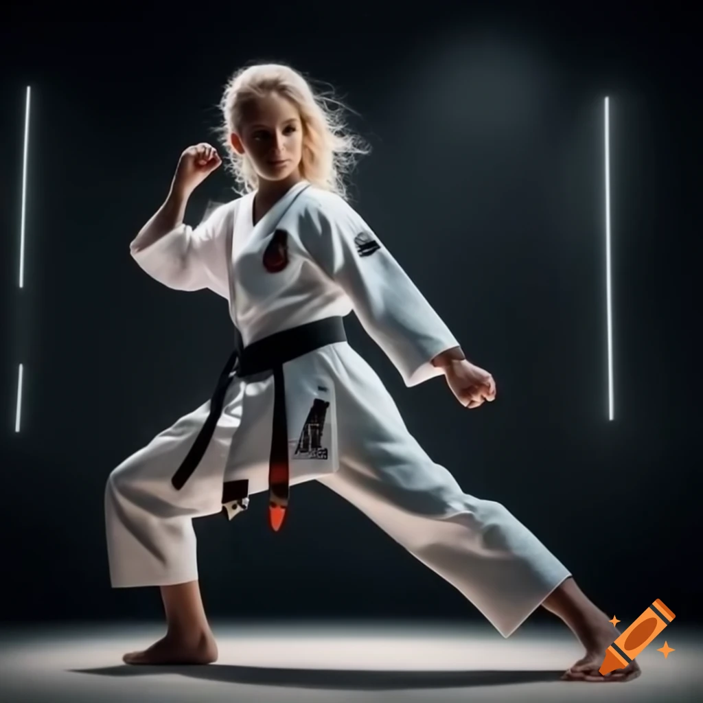 Blonde woman in dynamic karate stance with intense expression in studio setting on Craiyon