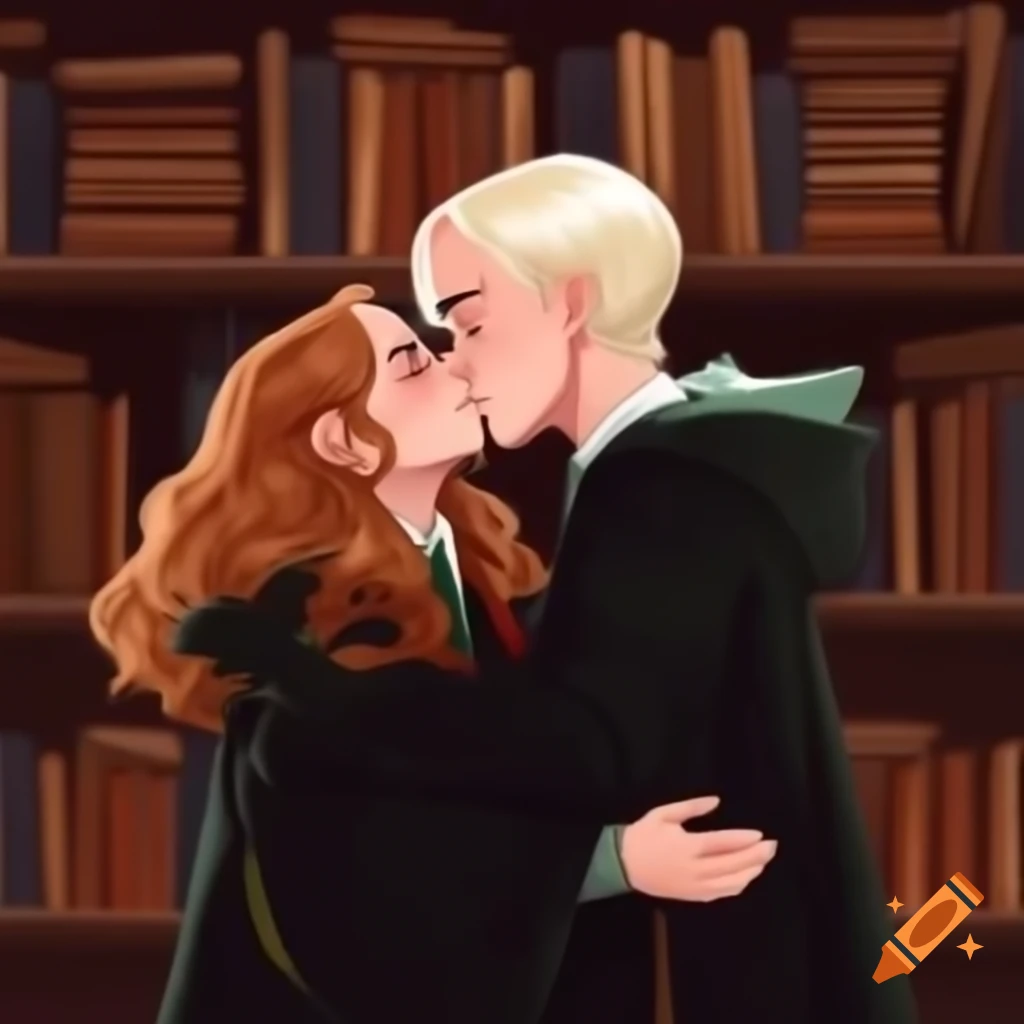 Romantic scene of Draco Malfoy and Hermione Granger in Hogwarts library on Craiyon