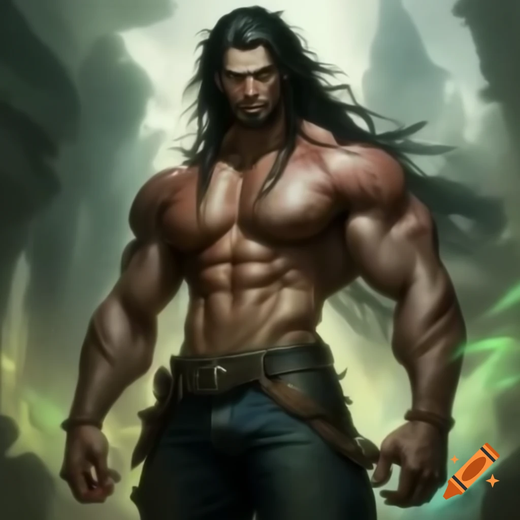Muscular male fae with green eyes and black hair wearing a black t ...