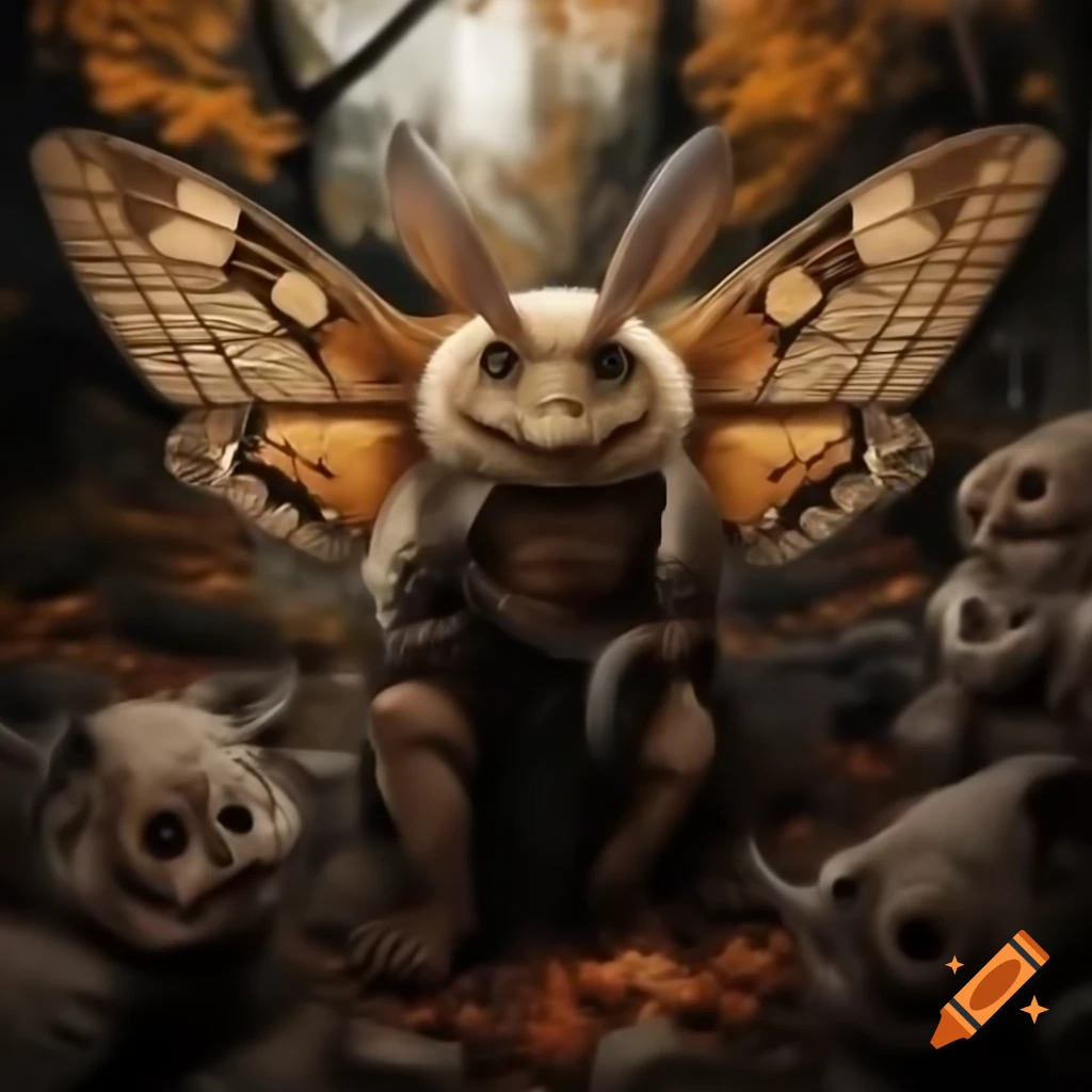 Mythical hybrid creature combining features of moth, human, and bat in ...