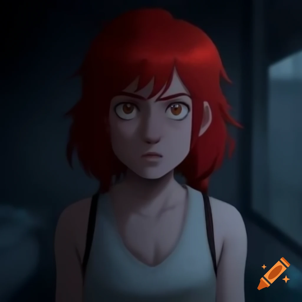 Young woman with red hair and grey eyes in dim room, intense expression ...