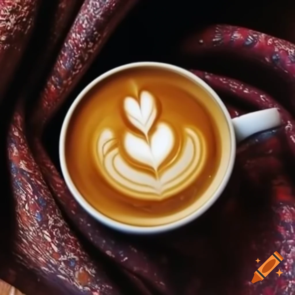 Beautiful latte with creamy swirls and cinematic light on Isfahanian fabric on Craiyon
