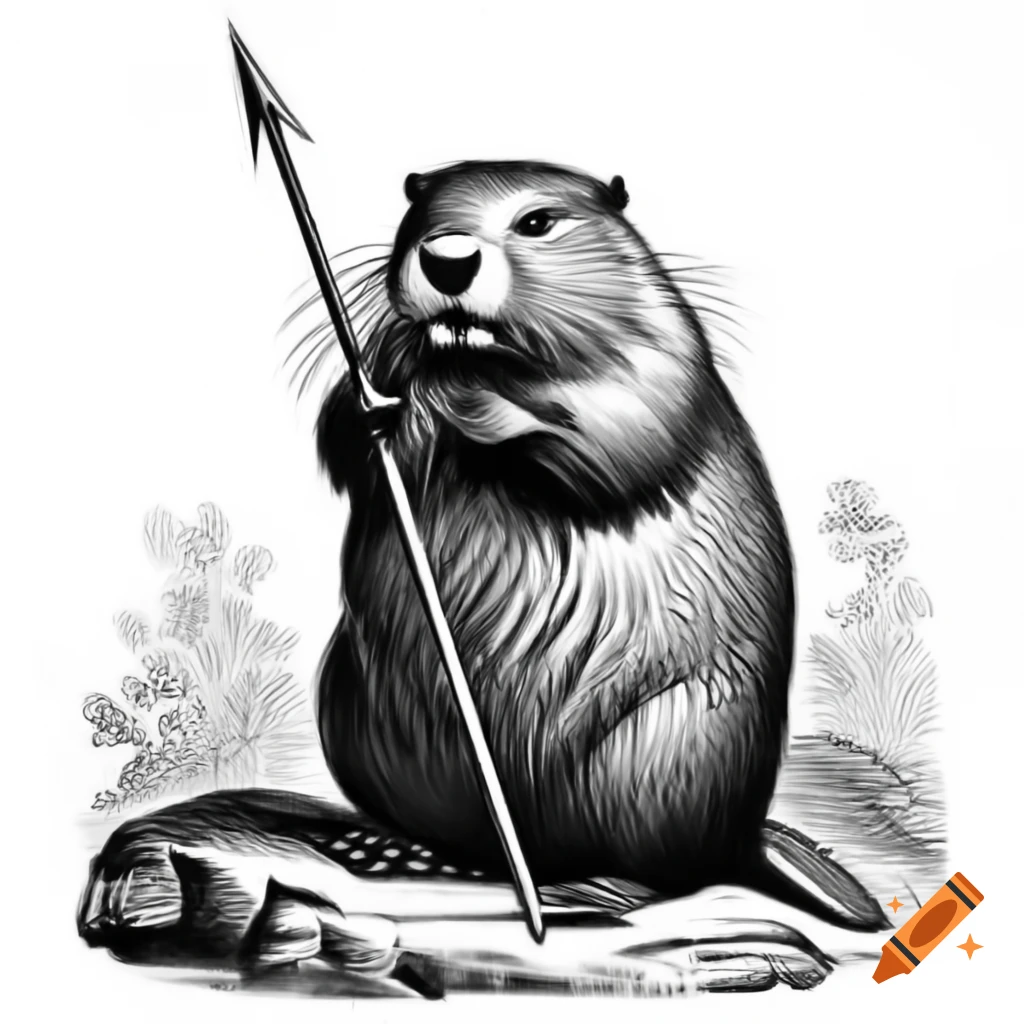 Vintage black and white illustration of a realistic beaver with a spear ...