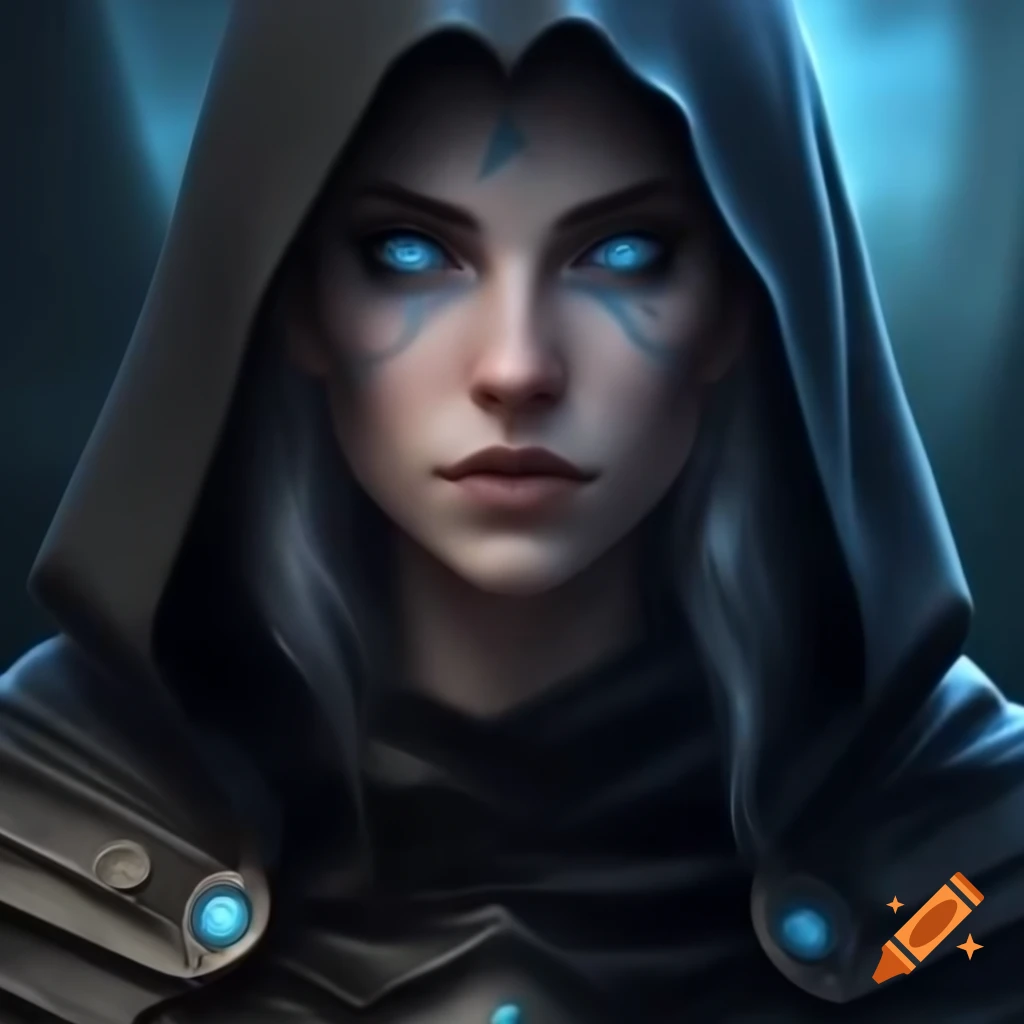 D&D moon elf with blue eyes in black leather armor and hooded cloak on ...