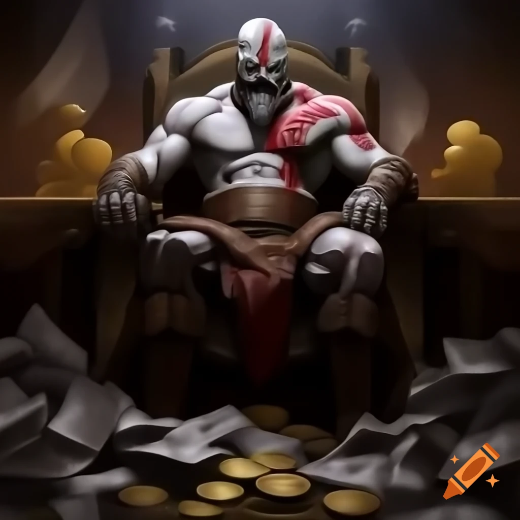 Muscular warrior resembling Kratos sitting in luxurious chair with gold ...