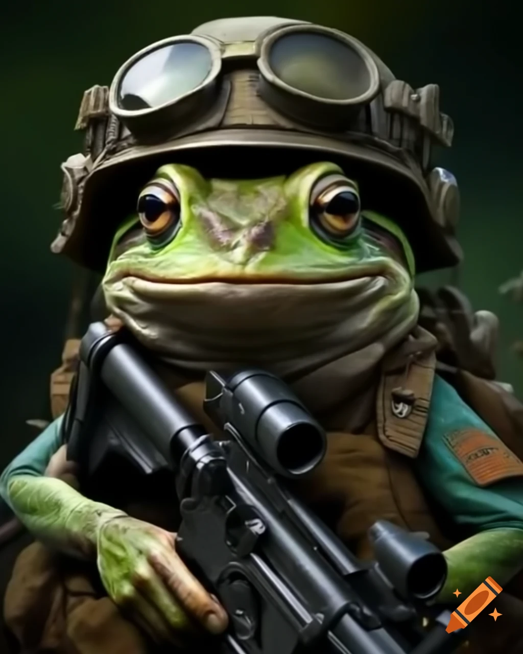 Frog in combat helmet, holding an AR-15 rifle on Craiyon