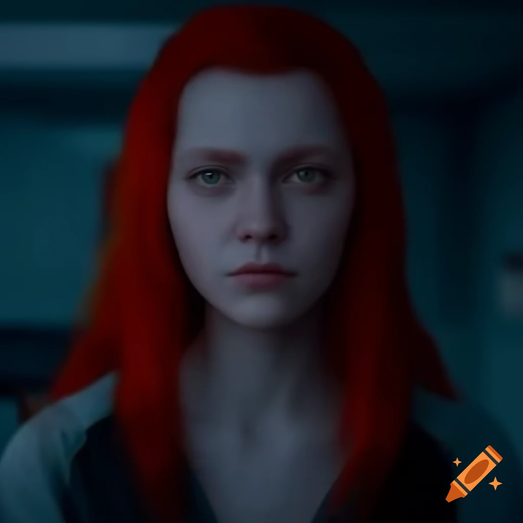 Young woman with red hair and grey eyes in dim room, intense expression ...