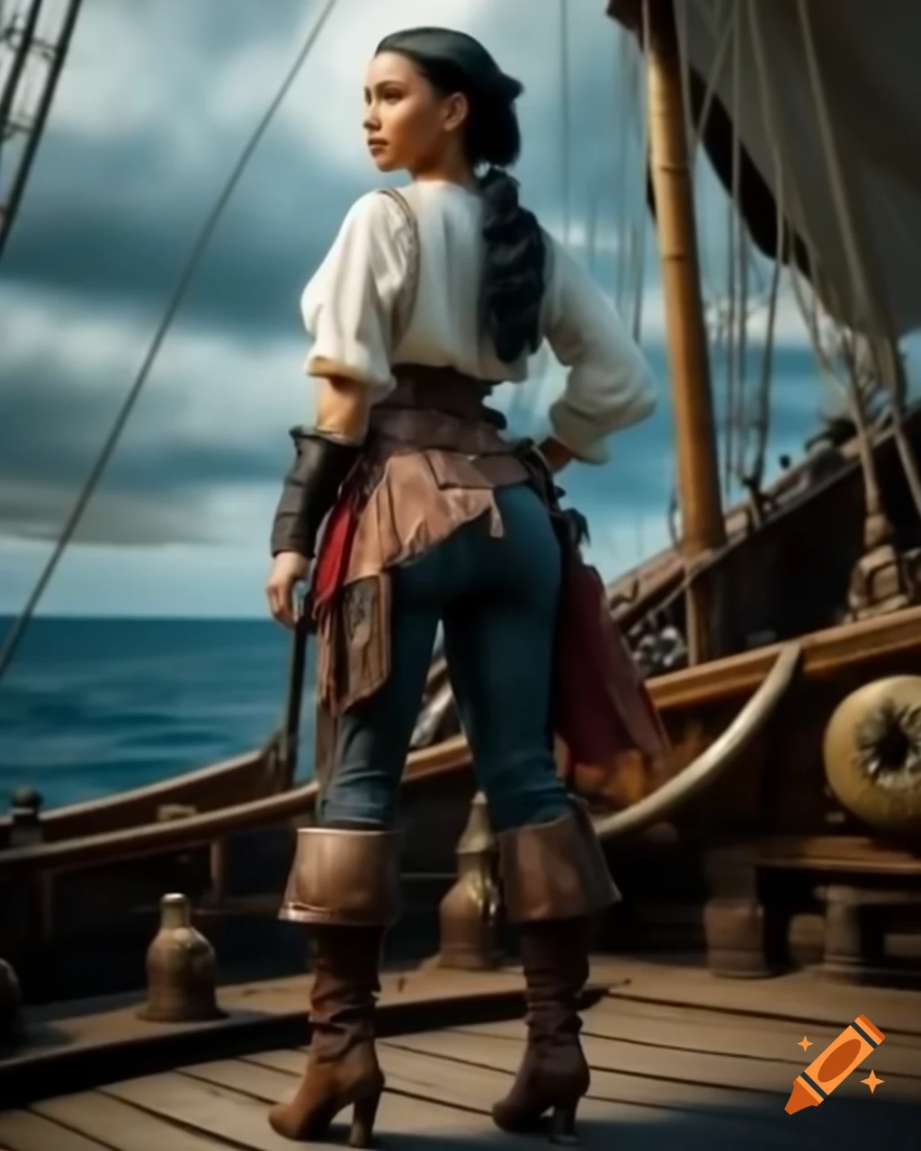 Realistic female pirate in blouse and heels on ship deck on Craiyon