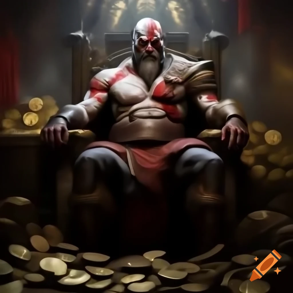 Muscular warrior resembling Kratos sitting in luxurious chair with gold ...