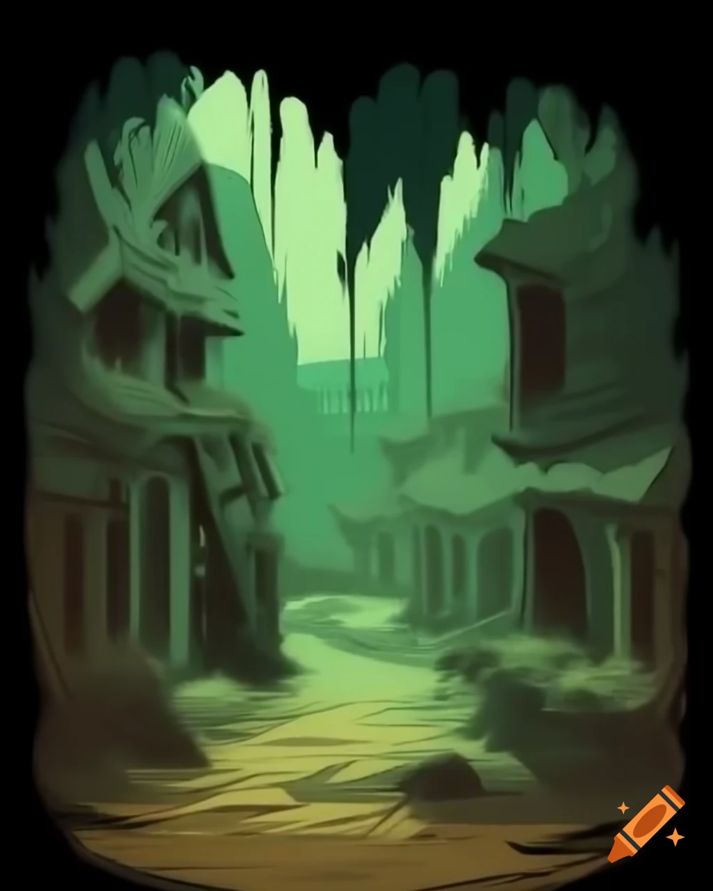 Abandoned settlement overtaken by nature, crumbling structures and creeping vines on Craiyon