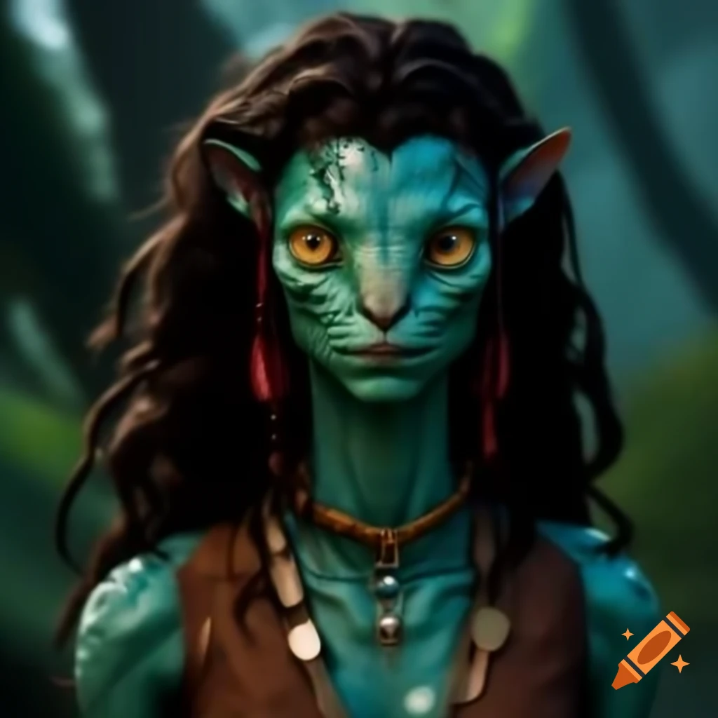 Alien creature inspired by fantasy with green skin, grey eyes, and wavy ...