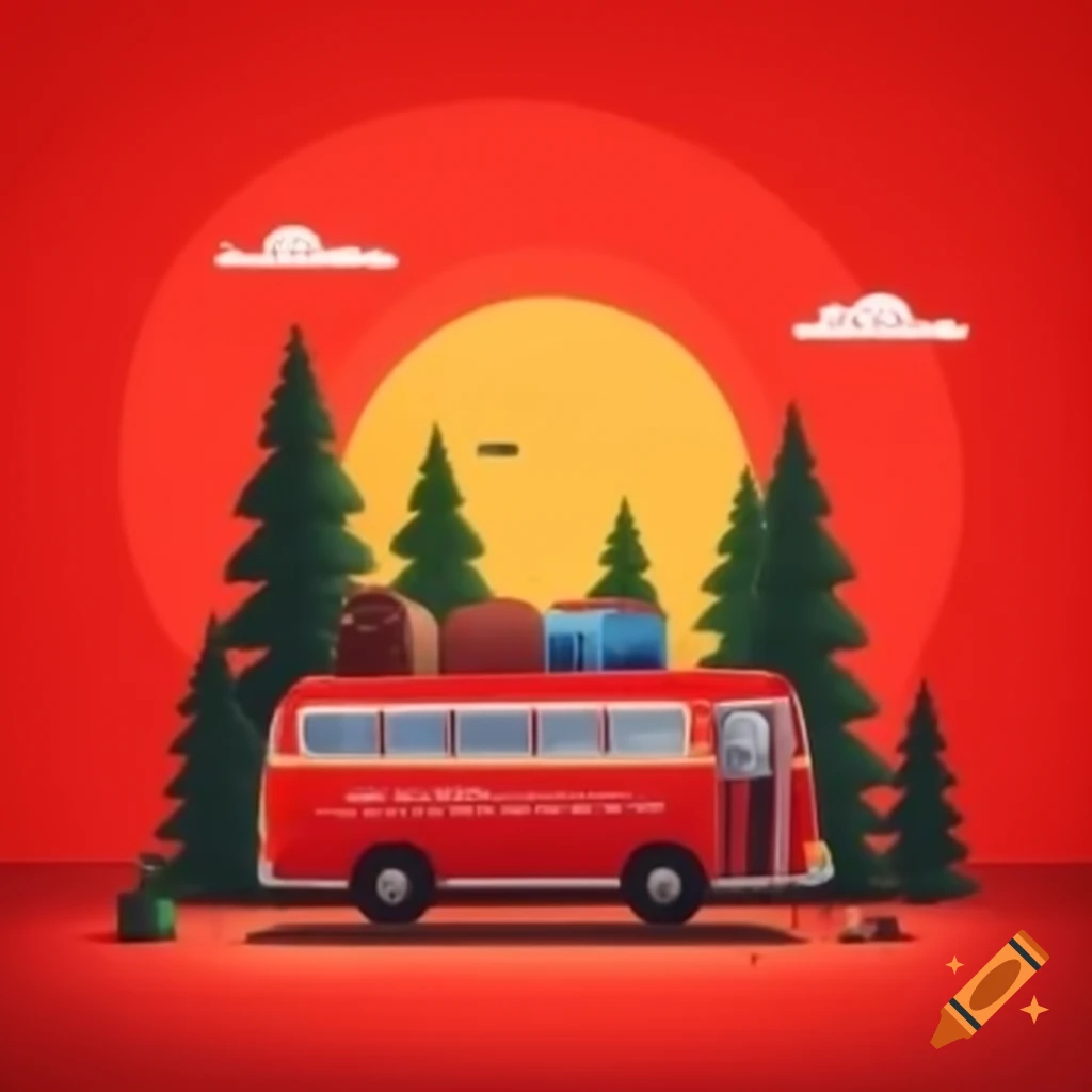 Ruby-red bus with overflowing luggage beside scenic camping area on Craiyon