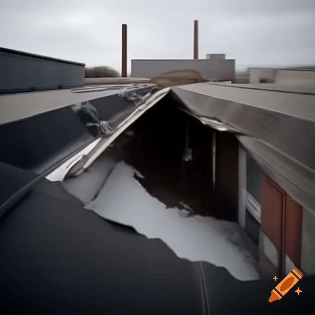 Collapsed box gutter on big warehouse due to heavy rain on Craiyon