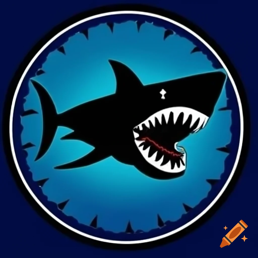 Medieval heraldic sigil of a fierce black shark on blue background on ...