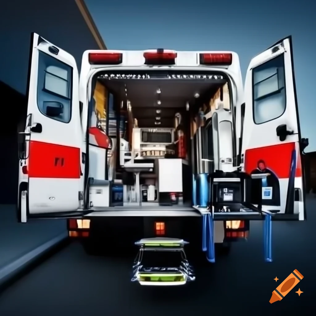 Modern ambulance with medical tools in sleek red and white design on ...