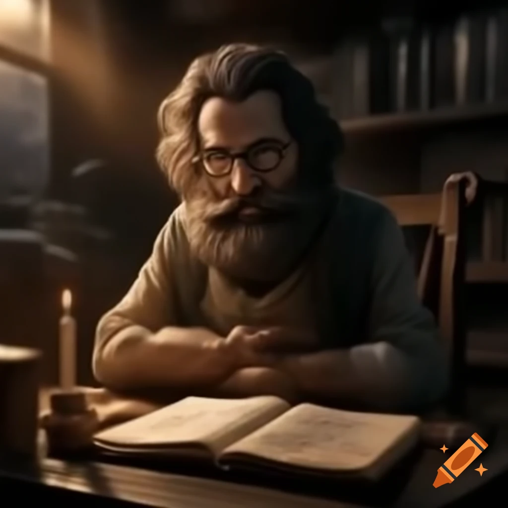 Serious Dungeon Master with half-moon glasses reading ancient book at ...