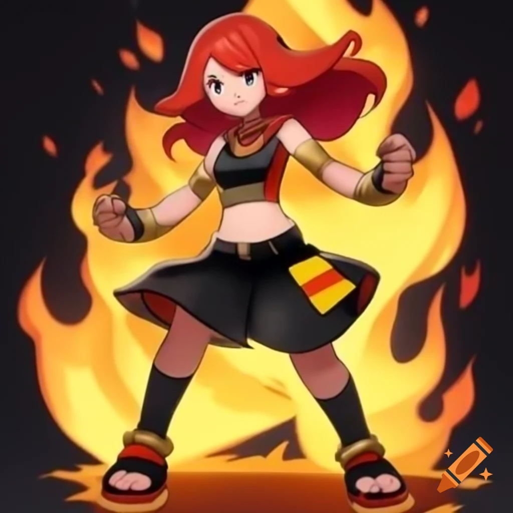 Fire-type Pokemon gym leader with long wavy red hair and confident ...