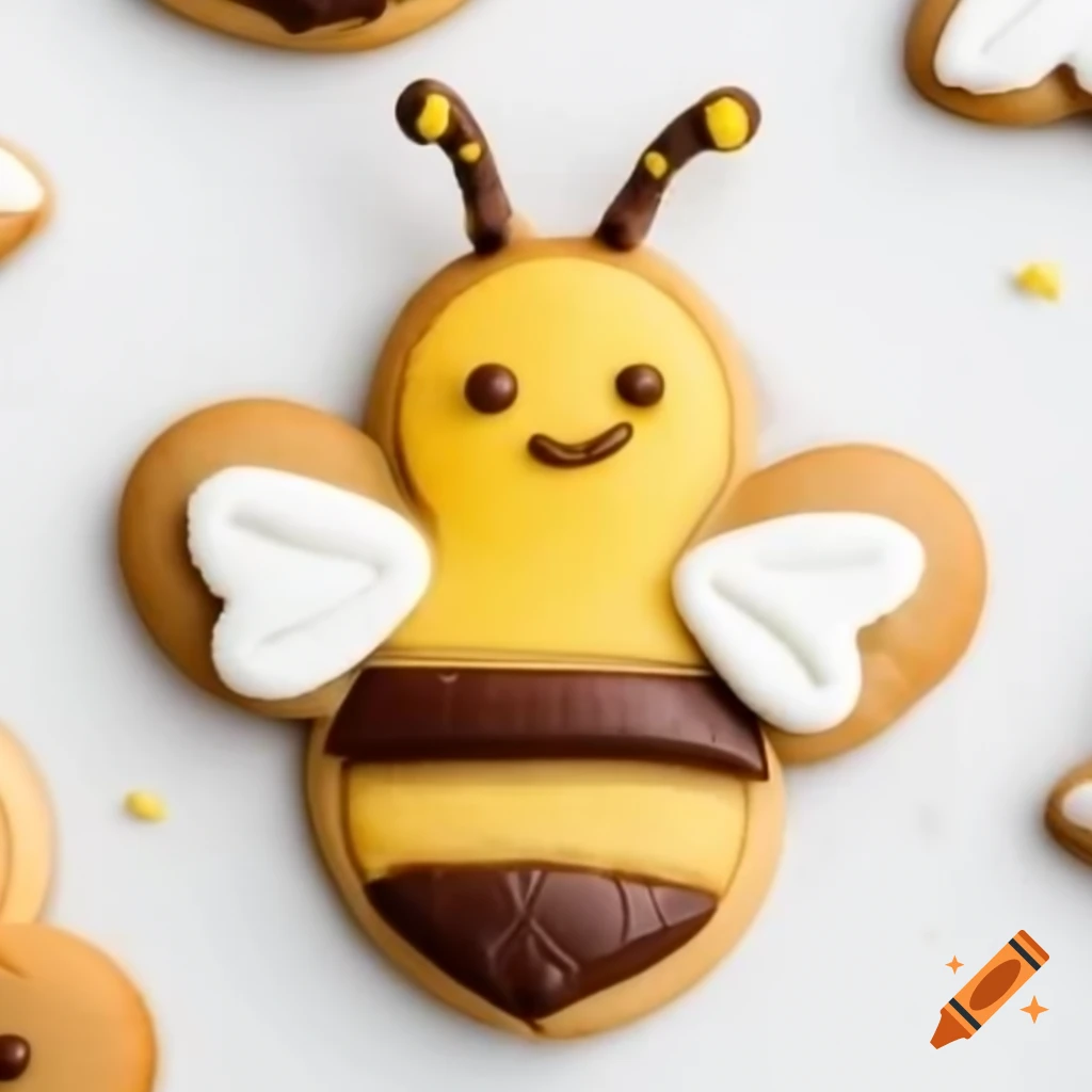 Intricately decorated bee-shaped gingerbread cookie with white icing on ...