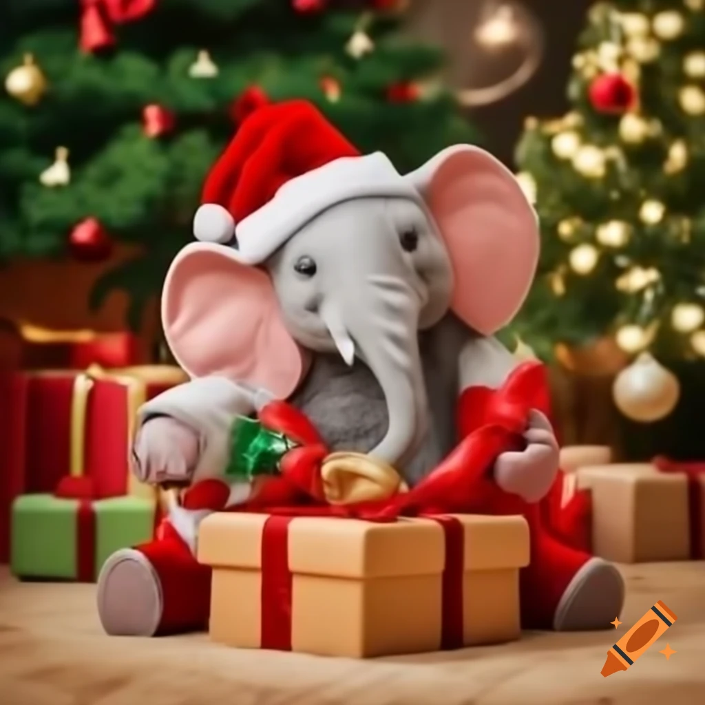 Elephant dressed as Santa Claus giving gifts to mice in elf costumes on ...