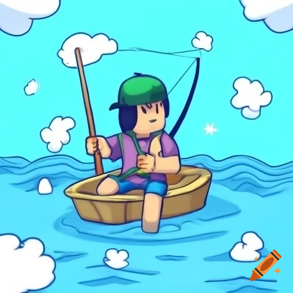 Roblox avatar fishing in digital water, enjoying a peaceful day on Craiyon