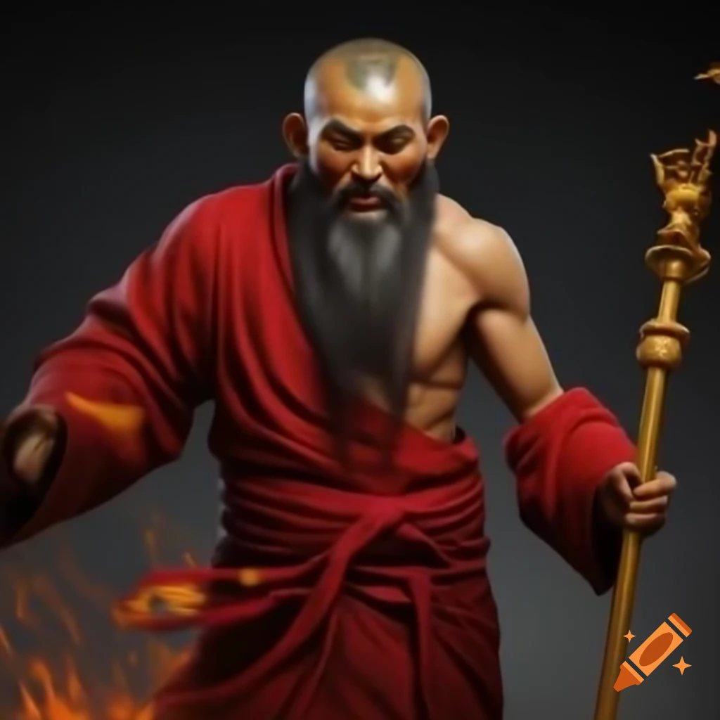 Muscular Chinese monk in red cassock with golden staff, photorealistic ...