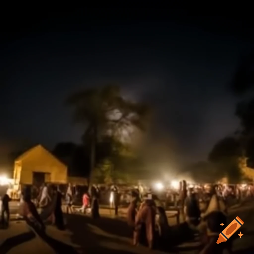 Village celebrating Diwali festival at night with colorful lights on ...
