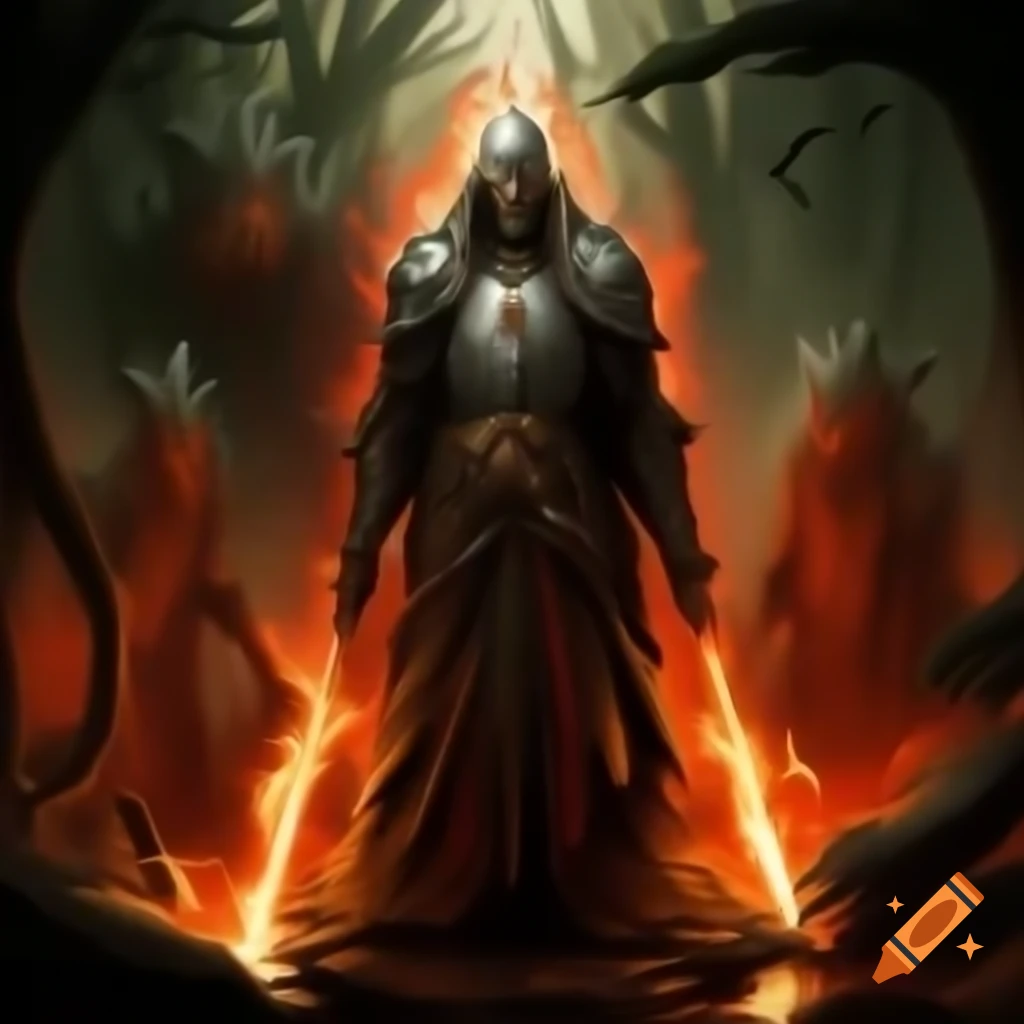 Faceless elemental monk-knight with flaming head in dark forest with ...