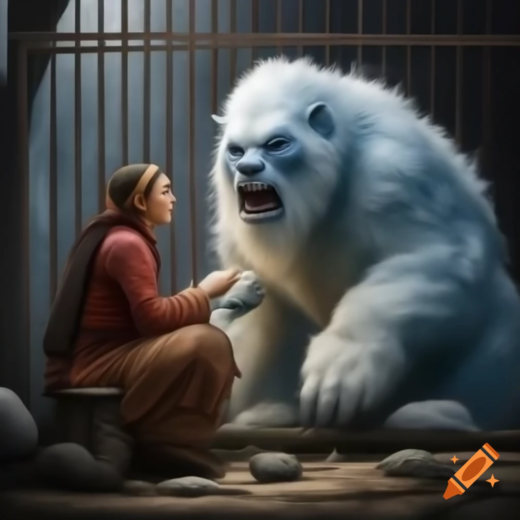 Gypsy woman feeding yeti creature in Himalayan mountains on Craiyon